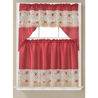 Mindy Floral Embroidered Kitchen Curtain Set, Burgundy, Swag Valance ...