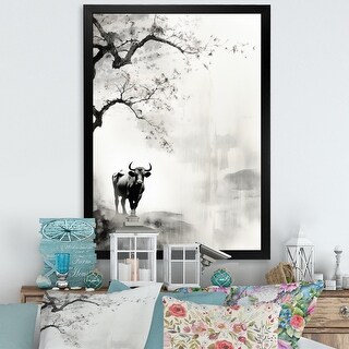 Designart "Asian Art Cow Sumi XV" Asian Art Framed Canvas Wall Art ...