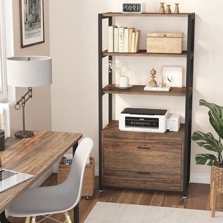 Wood 4-Tier File Cabinet with 2 Drawers and Storage Shelf for Home ...