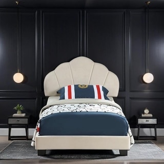 Grey Shell Design Upholstered Twin Size Platform Solid Wood Bed for ...