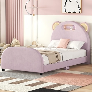 Cute Kids Beds Soft Velvet Twin Bed Frame Slats Platform Bed with Bear ...