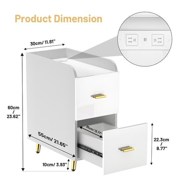 Gloss White Bedside Table with Charging Station, 2 Deep Drawers and ...