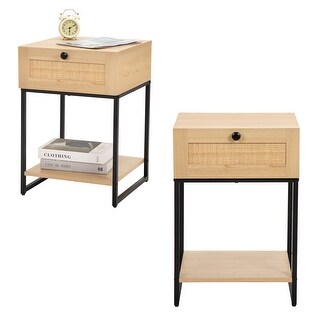 Natural Rattan Nightstand Hand Made Rattan Decorated Drawers Wood ...