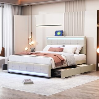 Full Size Upholstered Bed with LED Light, 4 Drawers and a set of Type C ...