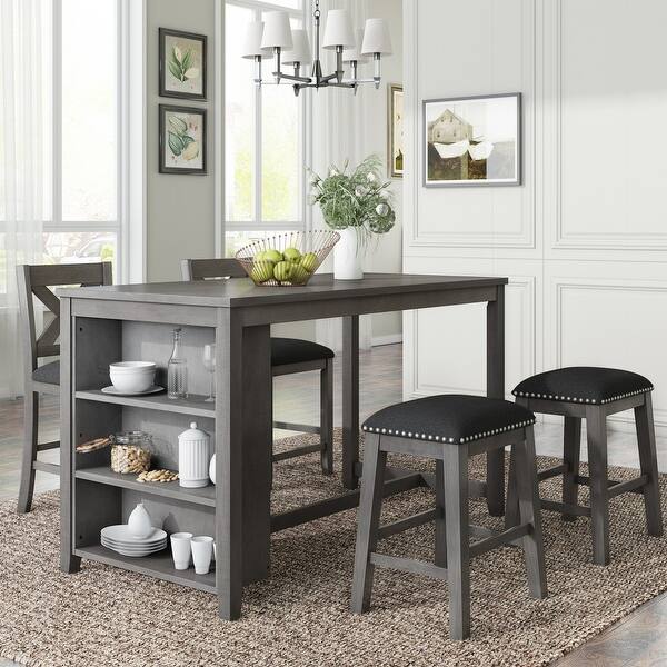 5 Pieces Counter Height Rustic Farmhouse Dining Room Wooden Bar Table ...