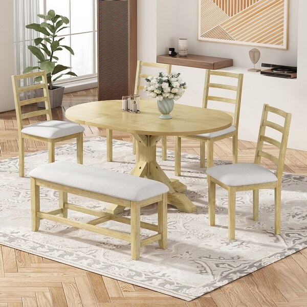 VANTOUL Farmhouse 6 Piece Extendable Pedestal Dining Table Set with Removable Leaf Bench and 4 Ladder Back Chairs Natural