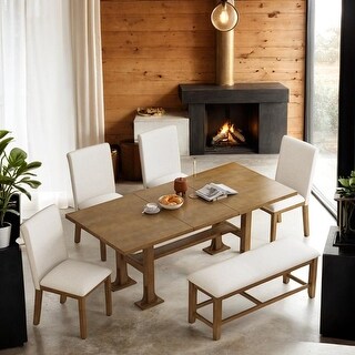 Farmhouse 76inch 6-Piece Extendable Dining Table Set Trestle Kitchen ...