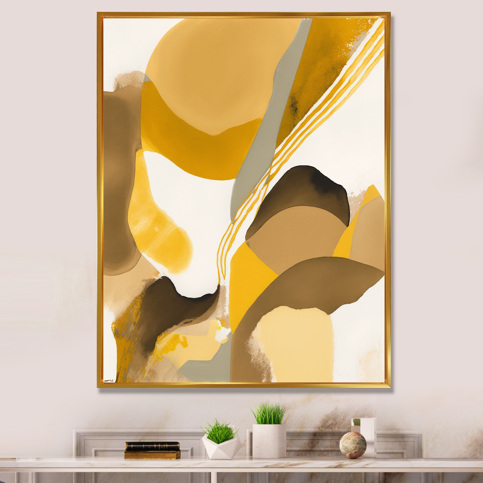 Designart Mustard Yellow Retro II Abstract Liquid Ink Framed Canvas Wall Art Print Bed Bath Beyond 37740544