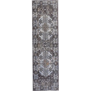 8' Gray Blue And Gold Floral Stain Resistant Runner Rug - 3'6" - Bed ...