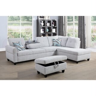Sectional Sofa Set/w Drop Down Table,Right Facing,White Grey,Flanelette ...
