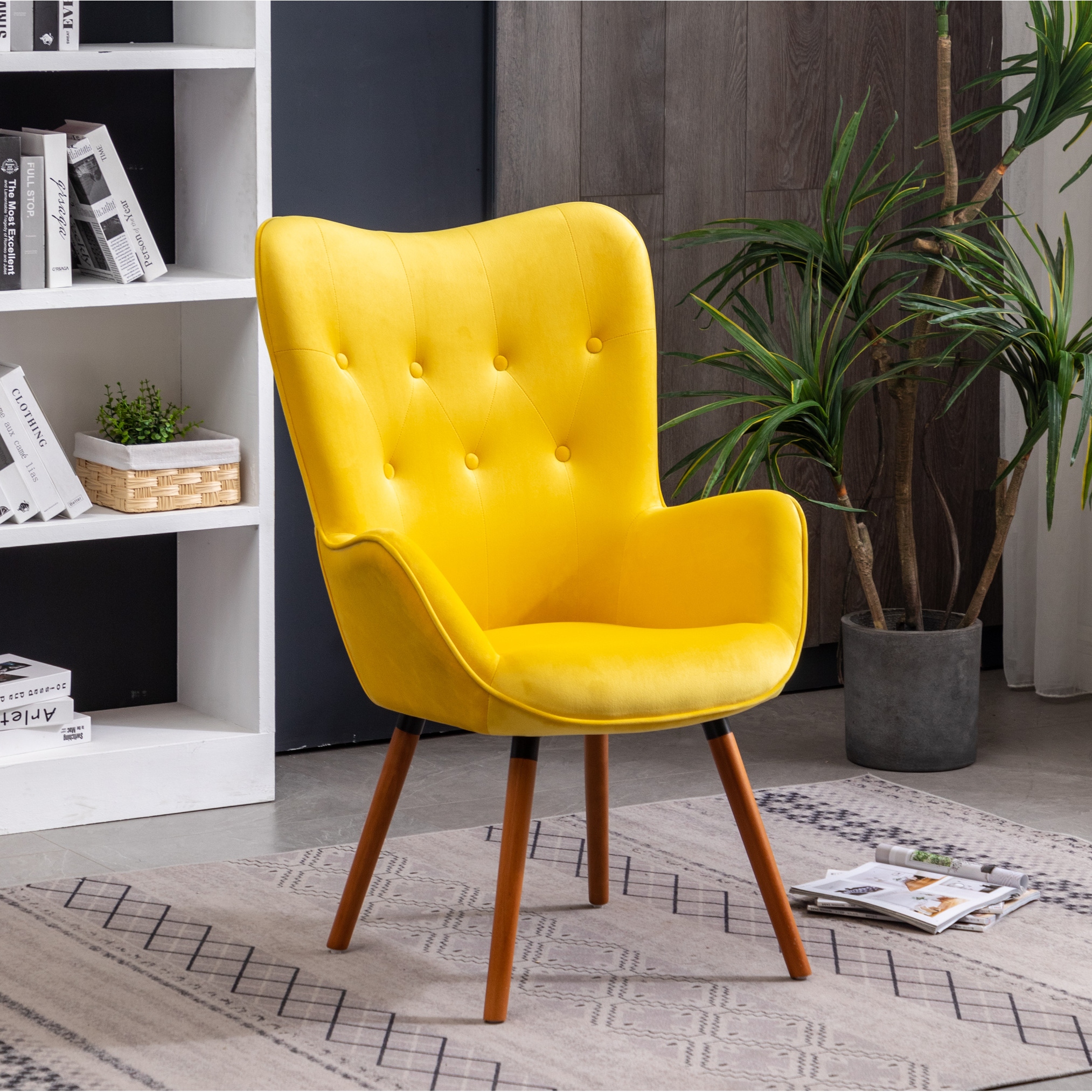 Yellow Modern 30 Polyester Button Tufted Accent Chair with Solid Wood Frame for Living Room Bed Bath Beyond 41920800