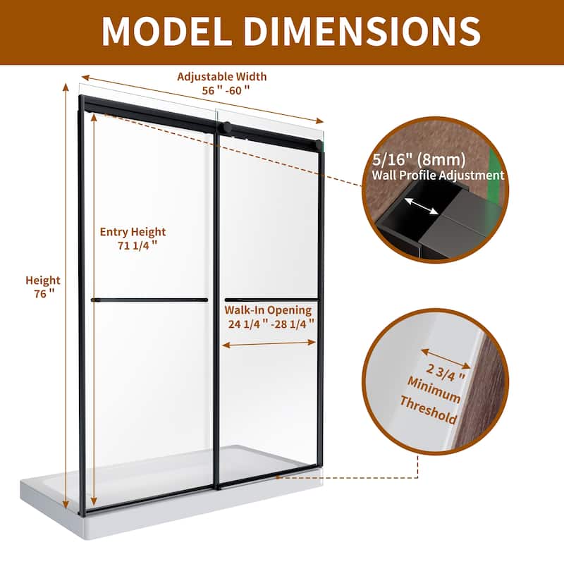 60" W x 76" H Framed Sliding Shower Door with Patented Anti-Sag Roller ...
