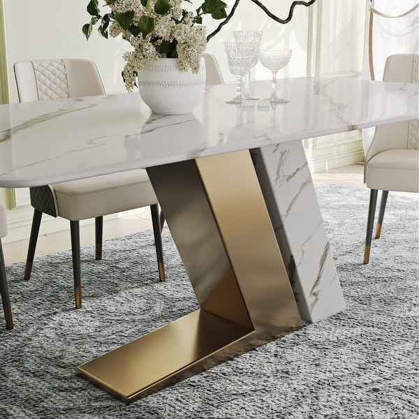 Modern Luxury White Rectangular Dining Table with Glossy Sintered Stone Tabletop, White and Gold ...