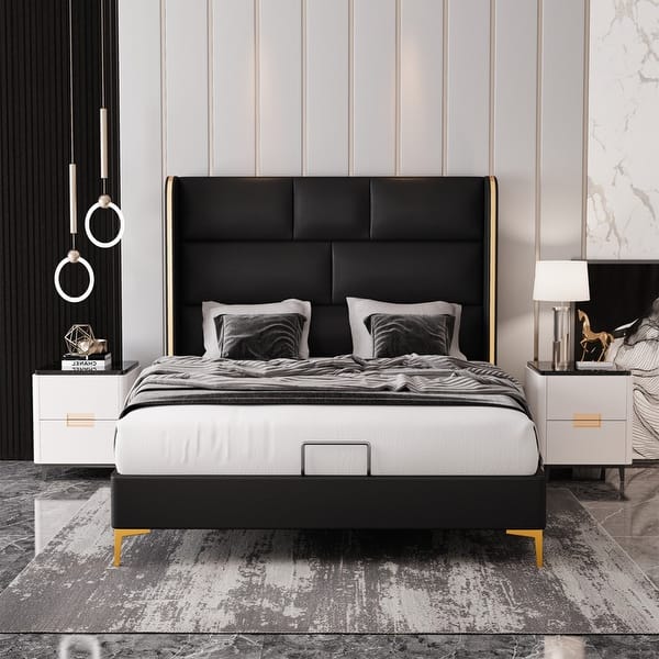 Queen Size Square Tufted Upholstered Platform Bed with 56" Tall ...