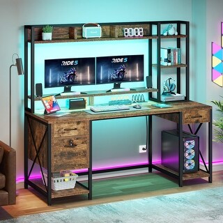 Computer Desk with Drawers & Hutch, 59.1" Office Desk with LED Lights ...