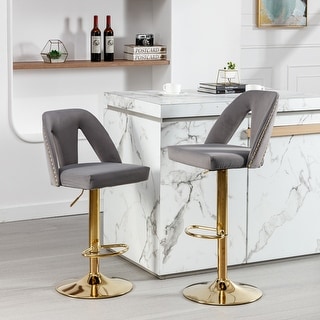 2 PC Velvet Swivel Adjustable Bar Stools with Arm & Nailheads - Bed ...