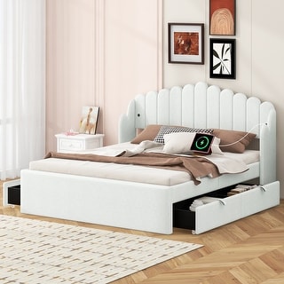 Full White Platform Bed with Storage Shelves and Trundle - Bed Bath ...