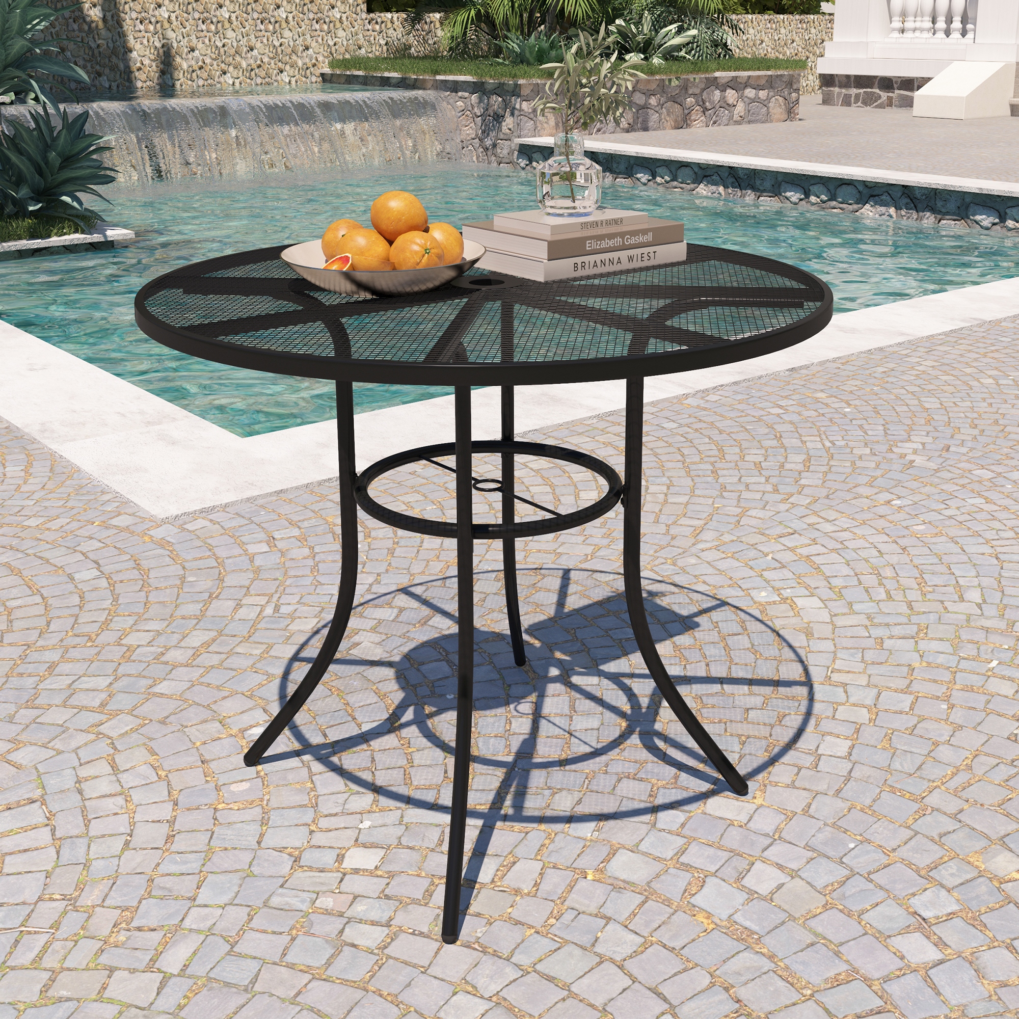 Black Steel Round Mesh Outdoor Dining Table with 1.9 in. Umbrella Hole