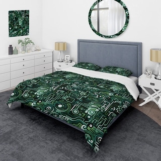 Designart "Green Techno Fusion Maze" Modern Bed Cover Set With 2 Shams ...