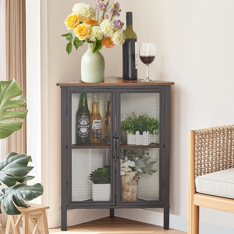 VECELO Triangular Corner Cabinet 27.5" 3-tier End Table with Mesh Doors ...