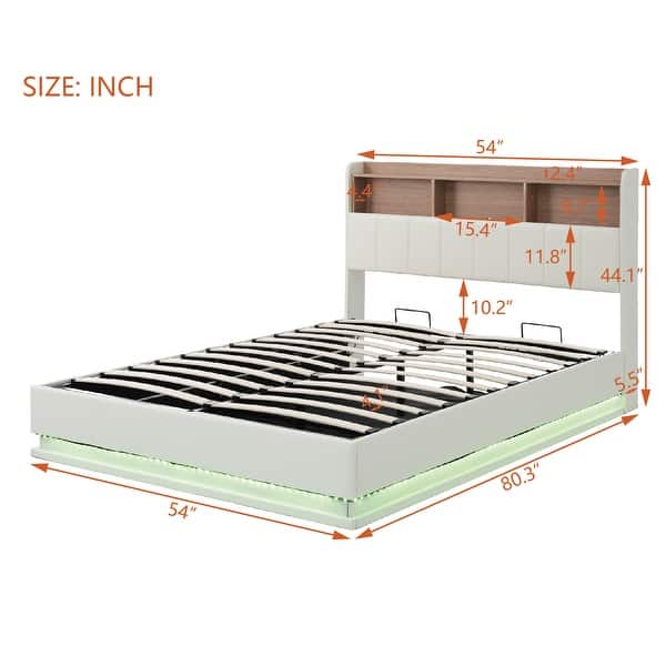 Fishbone Bed Frame wLight, Shelf, Sockets, Charger -White Storage Bed ...