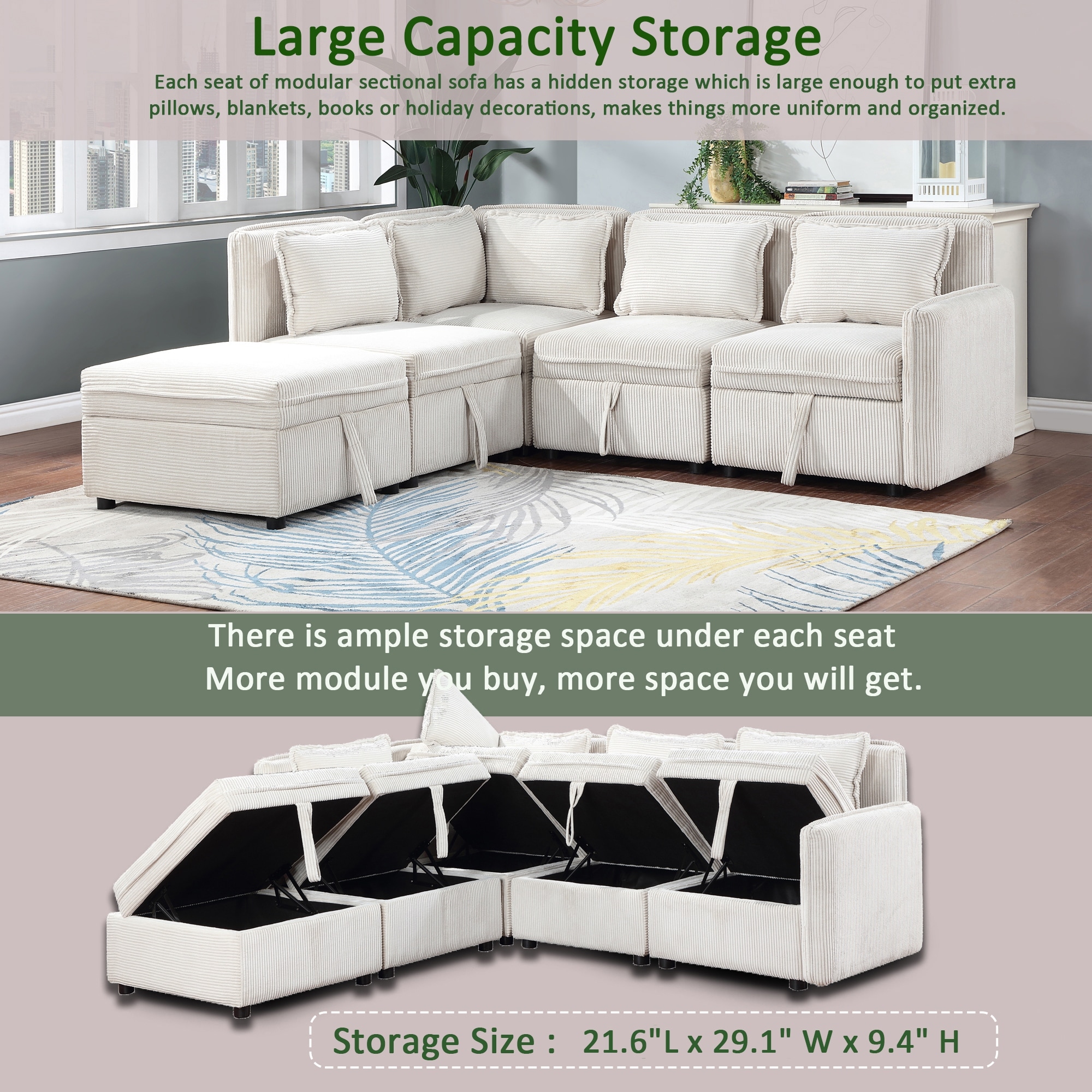 U-Shape Large Upholstered Sectional Sofa, Extra Wide Chaise Lounge ...