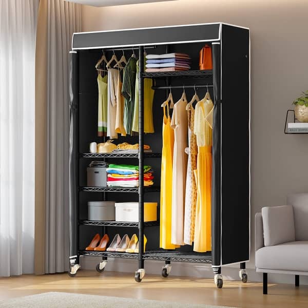 Portable Closets Rolling Clothes Rack 6 Tiers Adjustable Wire Garment ...