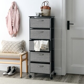 Fabric Dresser Storage Tower Shelves, MDF Top & 5 Drawers for Bedroom ...