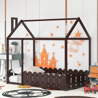 Kids Twin Size Wood Bed House Frame with Roof and Fence, Playhouse ...