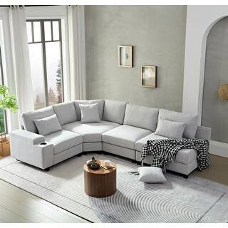 Gray Upholstered Modular Curved Corner Sectional Sofa with Pillows ...