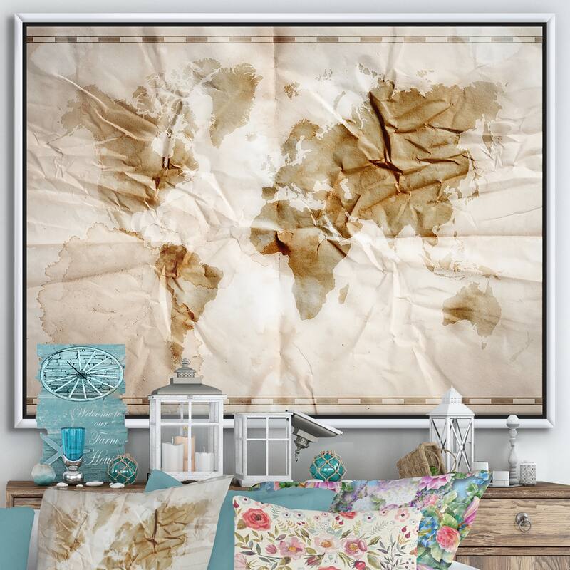 Designart "Vintage World Map" Vintage Framed Canvas Wall Art Print ...