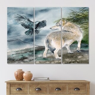 Designart "Wolf And A Raven On A Hill Under Falling Snow" Traditional ...