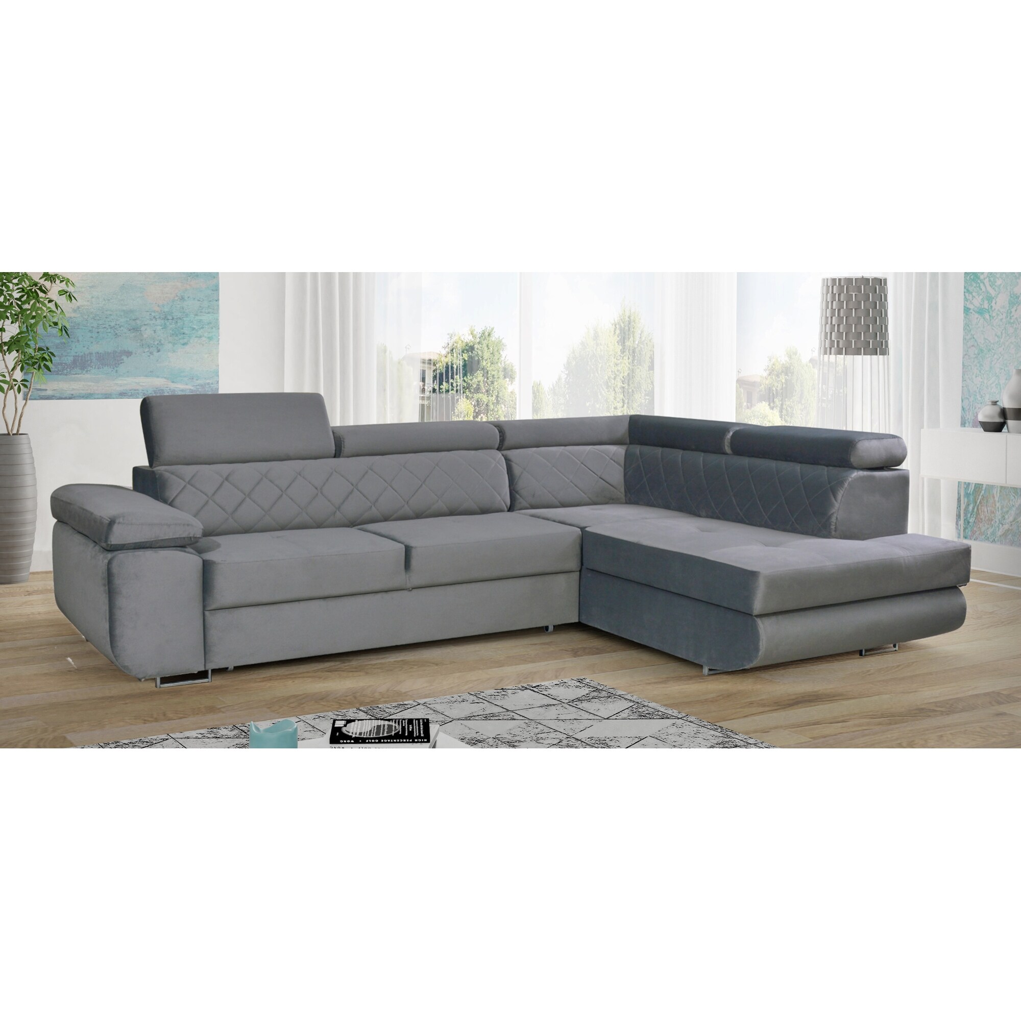 Frisco Modern Grey Velvet Upholstered Convertible Sectional Sofa with ...