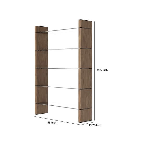 Cid 80 Inch Modern Bookcase, 5 Glass Shelves, Wood Side Panels, Walnut ...