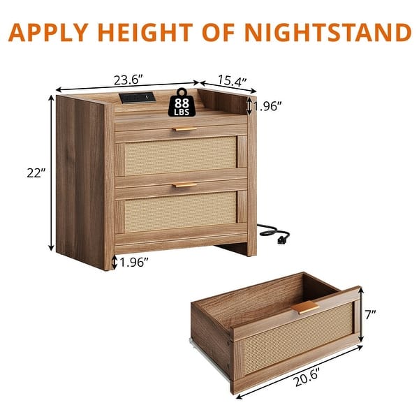 Night Stand Set of 2 Rattan Night Stand with Charger Station, Bedside ...