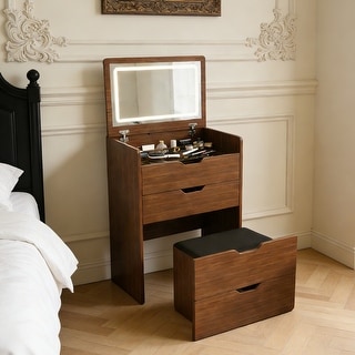 3-in-1 Flip Top Vanity Desk w/ Lighted Mirror & Stool, Compact Storage ...