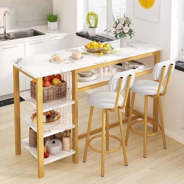 GARVEE Bar Table and Stools for 2 with 3 Storage Shelves Modern White Faux Marble Table with 2 PU Cushion Bar Stools 47.2x15.7x41.3in