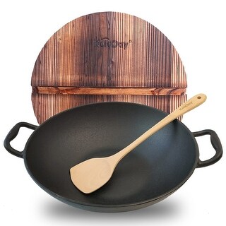 Iron Wok with Lid Pre-Seasoned Cast Iron Wok with 2 Loop Handles Deep ...