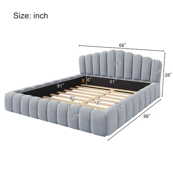 Velvet Upholstered Queen Size Bed Frame Shell-Shaped Headboard for ...