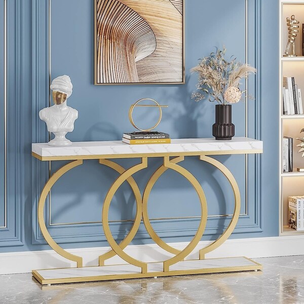 55 Console Table Narrow Entryway Sofa Table with Geometric Metal Frame Faux Marble White Gold