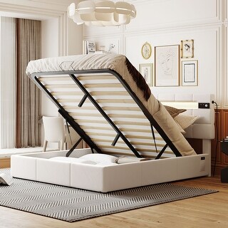 LED Light Platform Bed Frame Velvet Upholstered Bed w/ Hydraulic ...