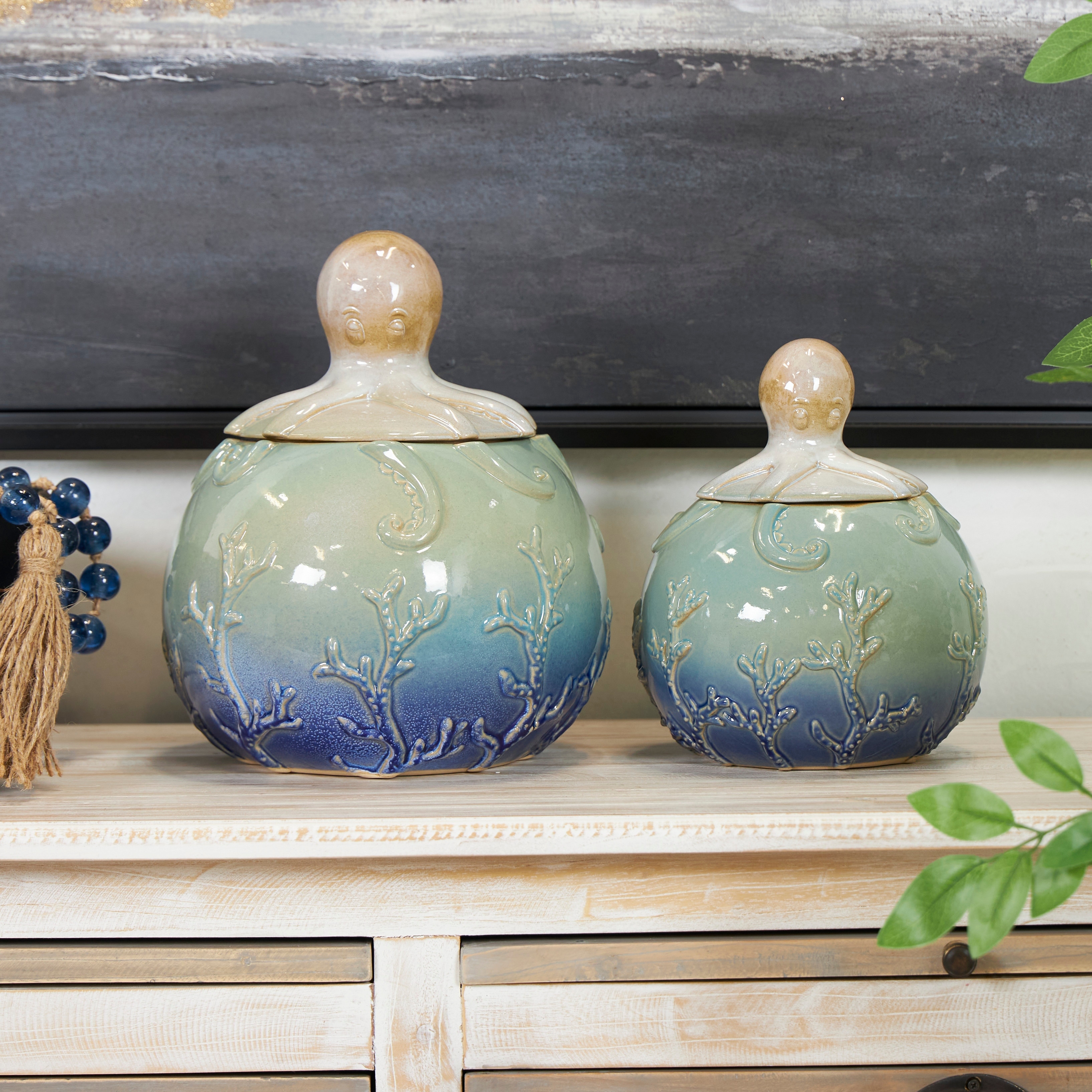 Blue Ceramic Floral Decorative Jars - On Sale - Bed Bath & Beyond ...