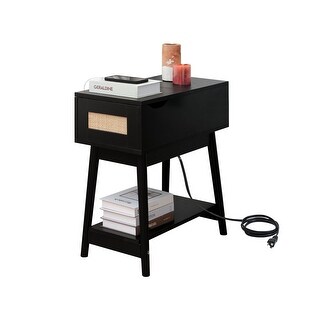 Labcosi Natural Rattan Side Table, Black Flip Top Nightstand with ...