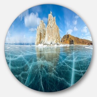 Designart 'Lake Baikal Ice and Rocks Panorama' Seascape Disc Metal ...
