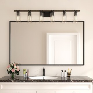 Roundhil 6-lights Farmhouse Faux Wood Grain Bathroom Vanity Light with ...