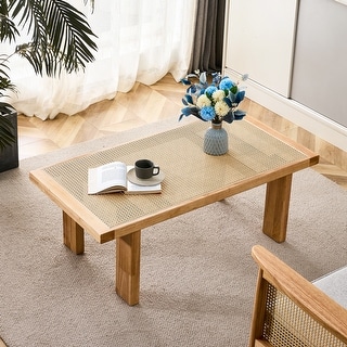 Simple Wood Side Table, Imitation Rattan Woven Chinese End Table - Bed ...