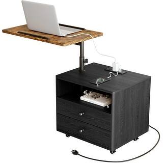 Adjustable Height Nightstand with Drawers & Charging Station, Rolling ...