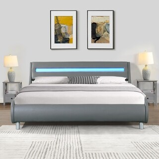 Queen Faux Leather Upholstered Platform Bed Frame with led lighting and ...