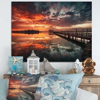 Designart "Sunset Over Port V" Modern Landscape Beach Wall Decor - Bed ...