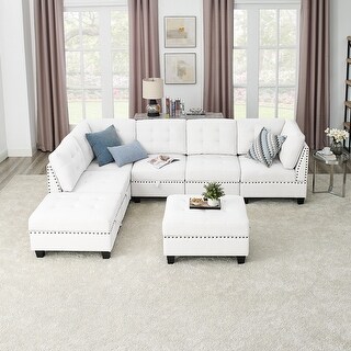 Ivory Chenille Sturdy Wood Frame Modular Sectional Sofa with Hidden ...